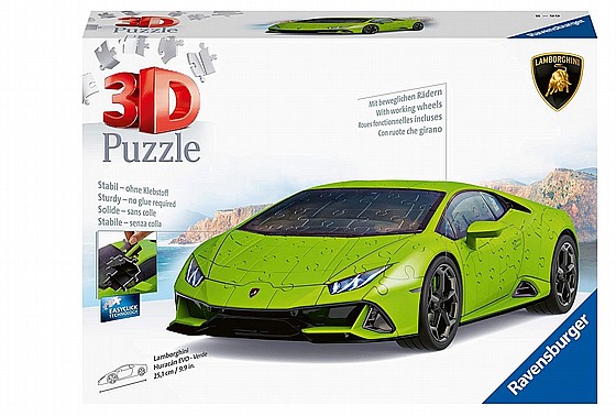 פאזל תלת מימד 3D מכונית למבורגיני הורקאן ירוקה עם גלגלים מסתובבים 108 חלקים (+32 אביזרים ...